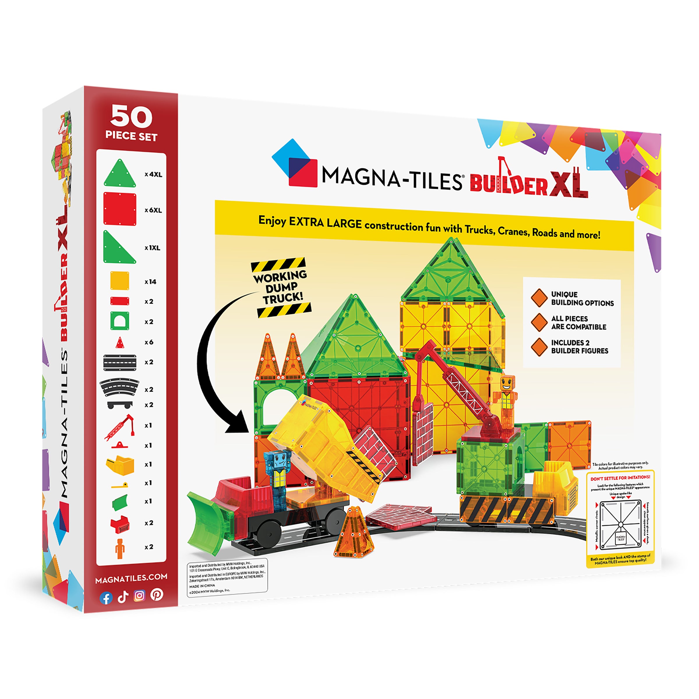 MAGNA-TILES® Builder XL 50-Piece Set – Large Magnetic Building Tiles ...
